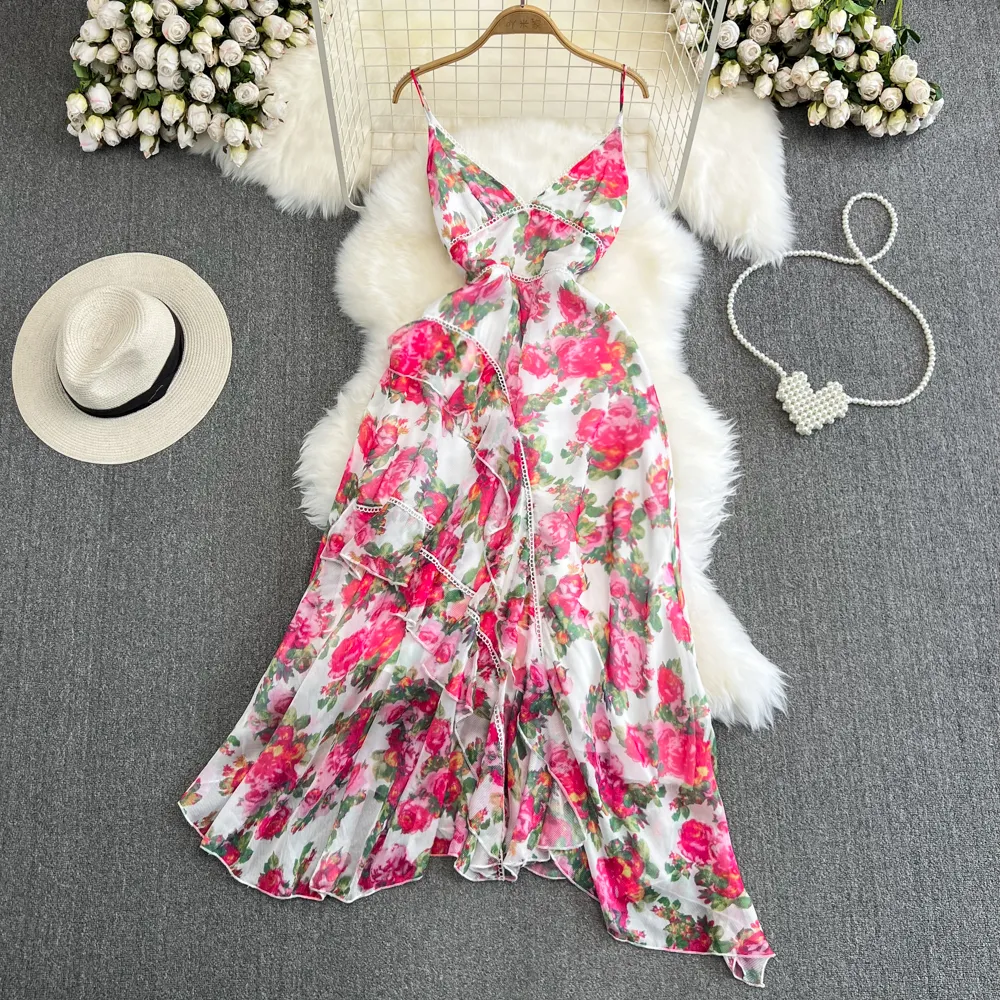 Halter neck chiffon dress with empire waistline floral print floor ...