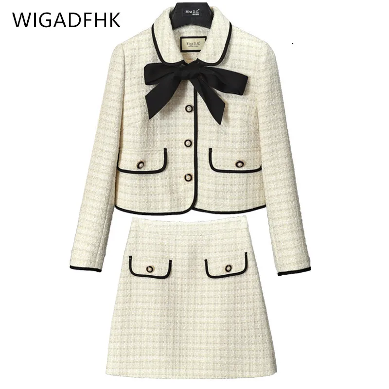 WIGADFHK Women's Tweed Two Piece Suit With Bow Tie – A Line Long Sleeve ...