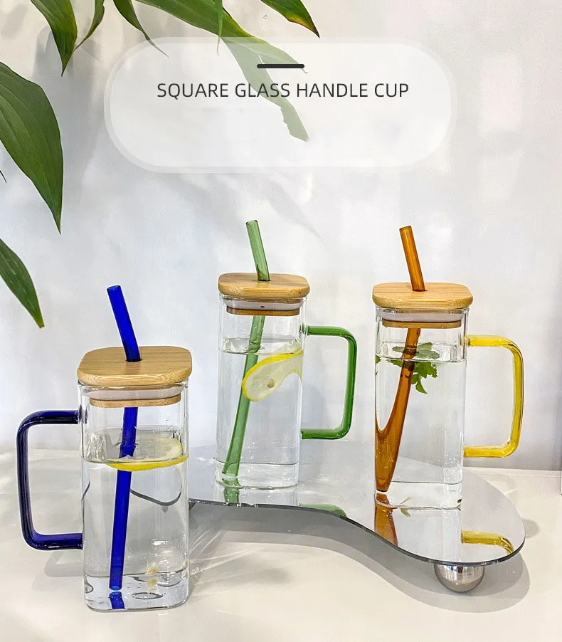 13oz Drinking Glasses With Handle Square Glasses With Bamboo Lids And ...