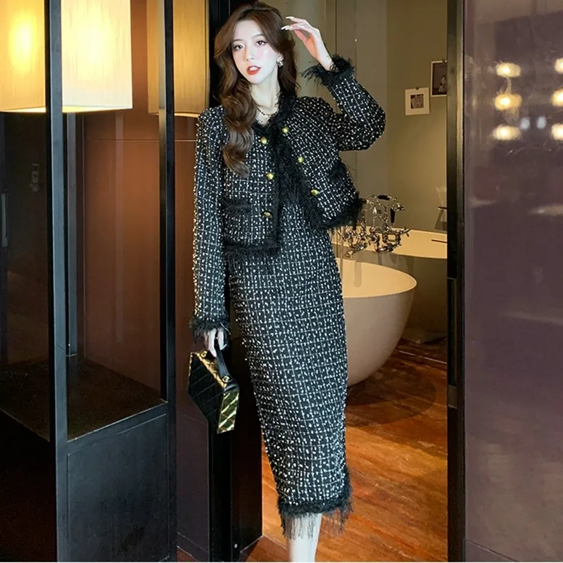 Chic Plaid Tweed Two Piece Skirt Set - Winter Fashion, Long Sleeve ...