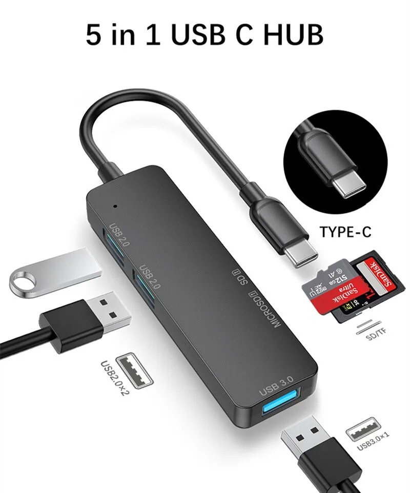 5-in-1 USB-C Splitter Hub: TF/SD Card Reader Adapter for MacBook & PC ...