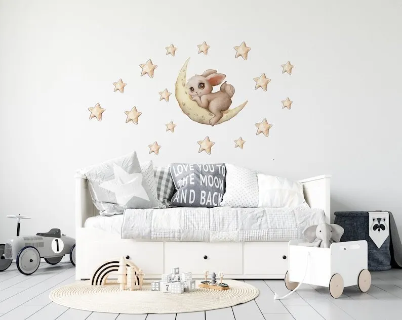 Bunny Moon And Stars Wall Decal Vinyl Rabbit Sticker For Forest Water ...