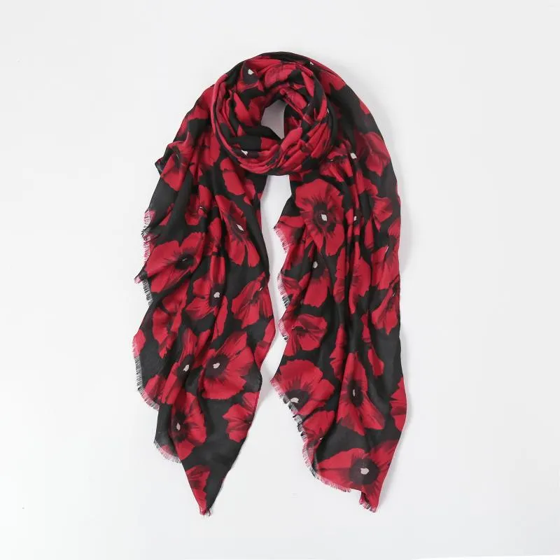 Vintage Cotton Blend Scarf with Big Poppy Print and Fringe Edges for ...