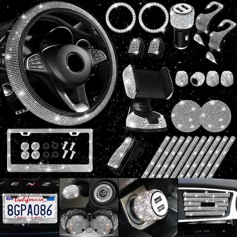 Bling Car Accessory Set With Rhinestone Steering Wheel Cover License Plate Frame Auto Vent Outlet Trim USB Charger And Phone Holder From Dhgatetop company 33.94 DHgate.Com