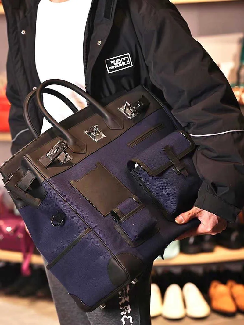 Men's Large Canvas Cargo Handbag - Dark Blue Travel Tote with Swift ...