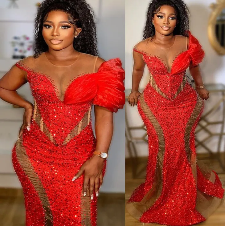 Red Beaded Sequined Lace Mermaid Red Sparkly Prom Dress For 2023 May Aso Ebi Evening Formal ...