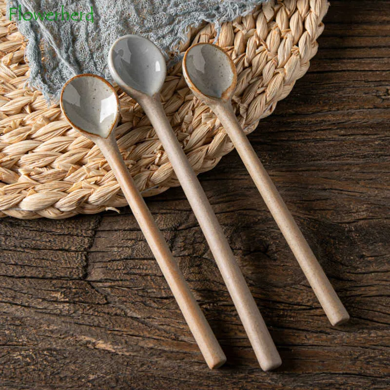 Retro Ceramic Coffee Spoon Set With Long Handle Japanese Style Tea ...