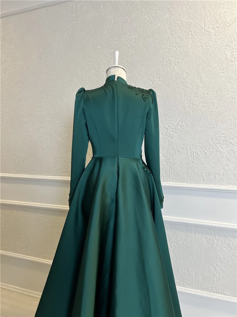 Party Dresses Beaded Satin Long Sleeve Muslim Evening Arabic Dubai High ...