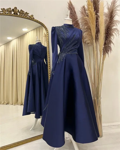 Beaded Satin High Neckline Emerald Party Dress With Long Sleeves ...