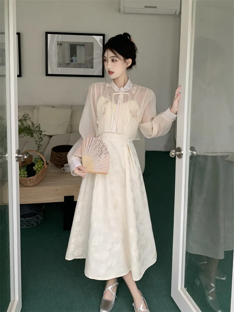 Chinese Jacquard Fairy Two Piece Korean Dress Set For Women Chinese Jacquard Fairy Two Piece Korean Dress Set For Women