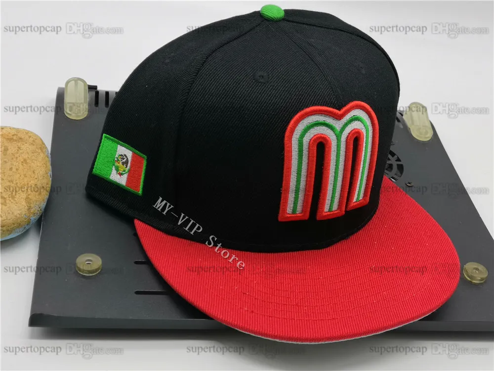 Mexico Baseball Cap World Fitted Hat Black Top Red Brim Letter M Sized ...