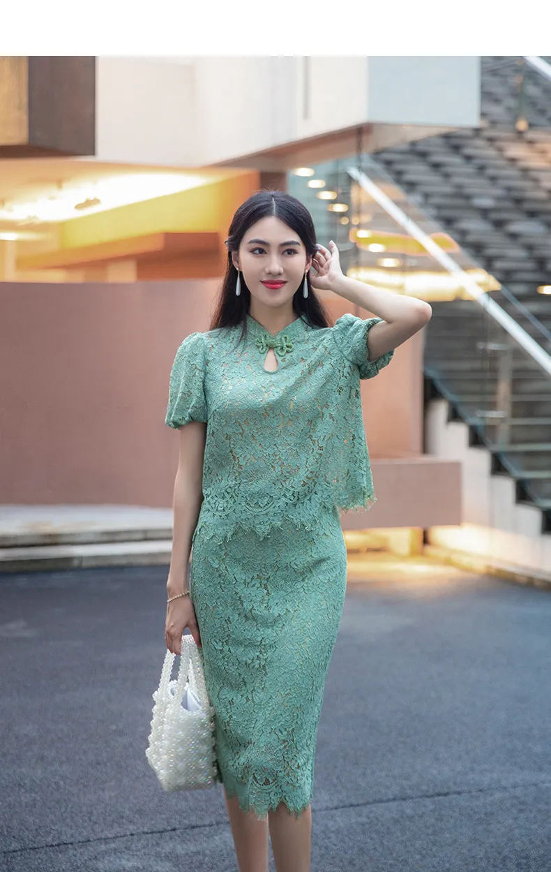 Elegant Lace Cheongsam Two-Piece Dress Set - Modern Qipao Style, Summer ...