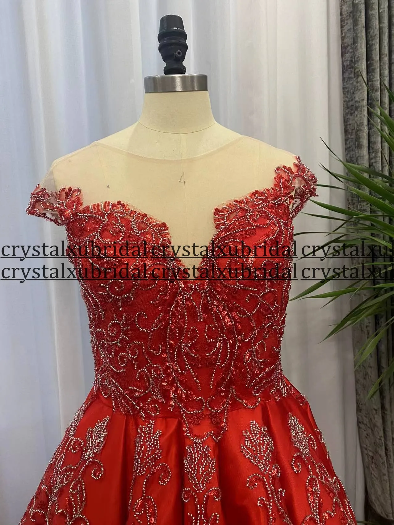 Luxury Dark Red Ball Gown Red Sparkly Quince Dress With Puffy Jewel ...