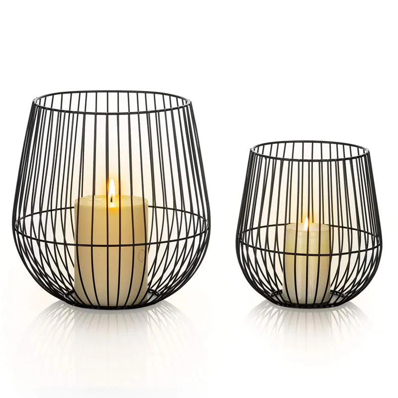 Matte Black Wire Iron Lantern Modern Metal Pillar Black Wire Candle ...