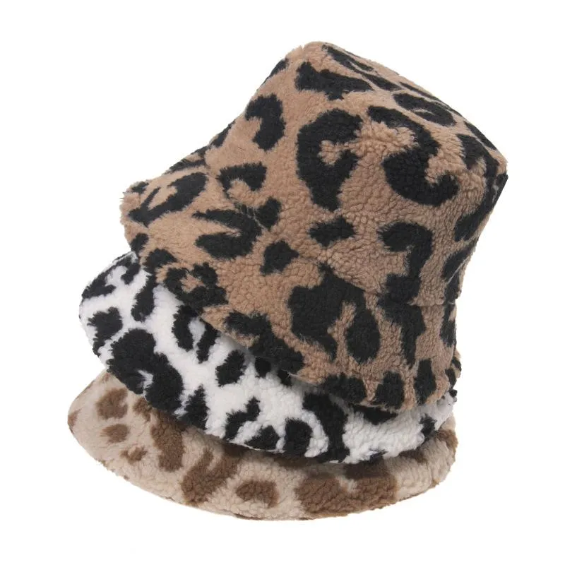 Korean Style Faux Lamb Wool Leopard Bucket Hat With Vintage Leopard ...