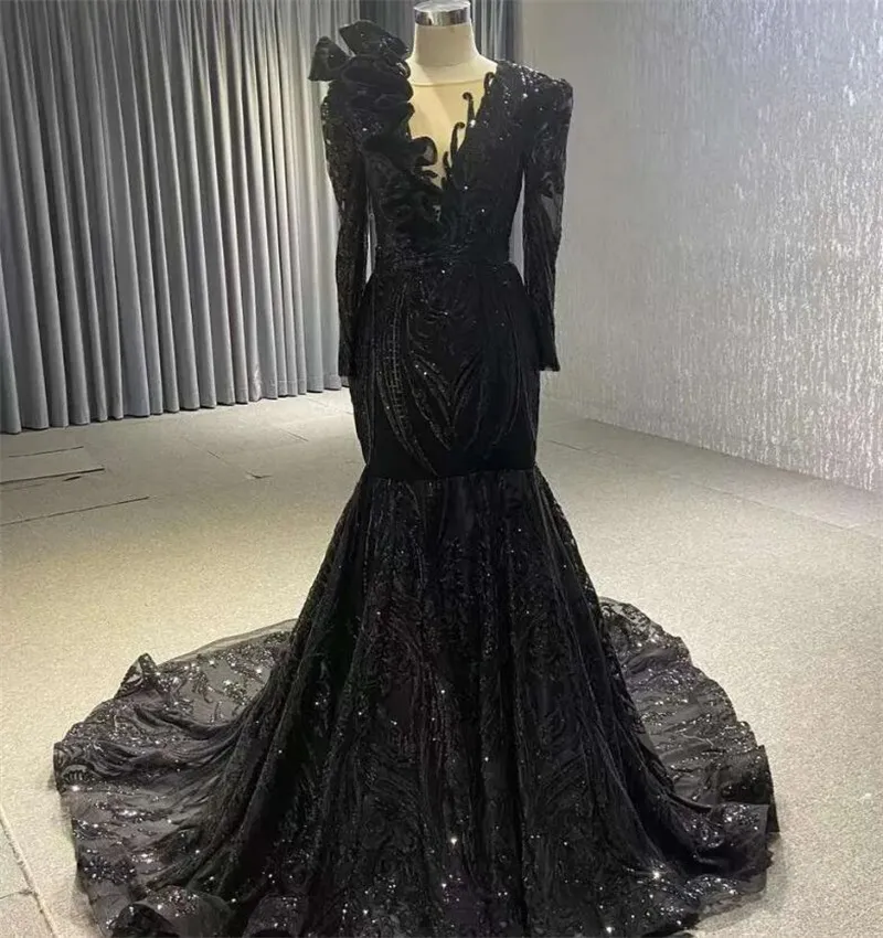 Black Mermaid Gown: Elegant Sequin Prom Dress, Long Sleeve Evening Gown With Lace Up Ruffles ...