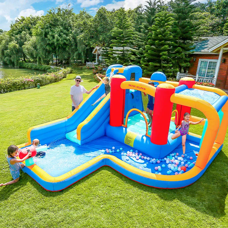 Outdoor Inflatable Water Park With Pool, Basketball Hoop, And Pond ...