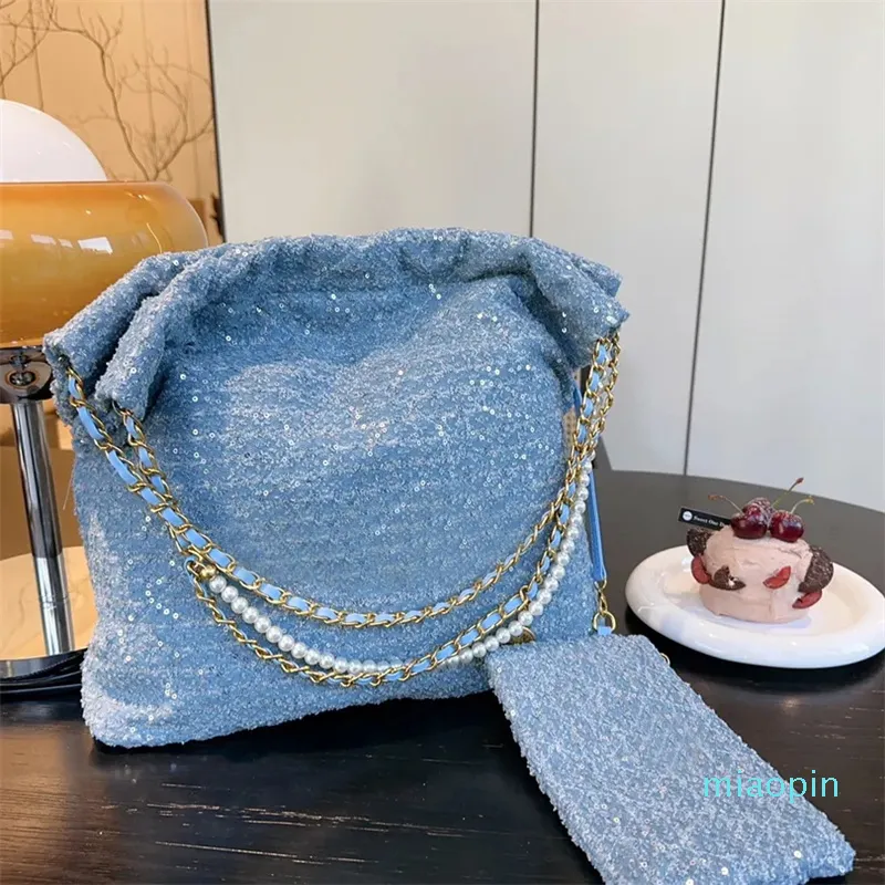 French Blue Tweed Bag With Metal Pearl Chain Designer Blue Handbag For ...