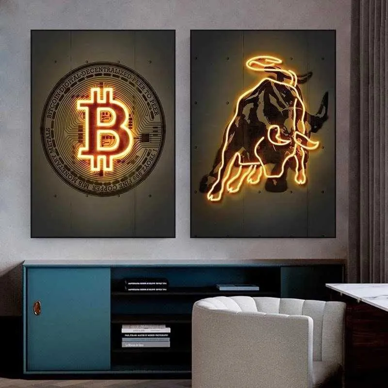 Gold Foil Bitcoin Bull Canvas Wall Art Neon Crypto Wall Decor من $4.36 ...