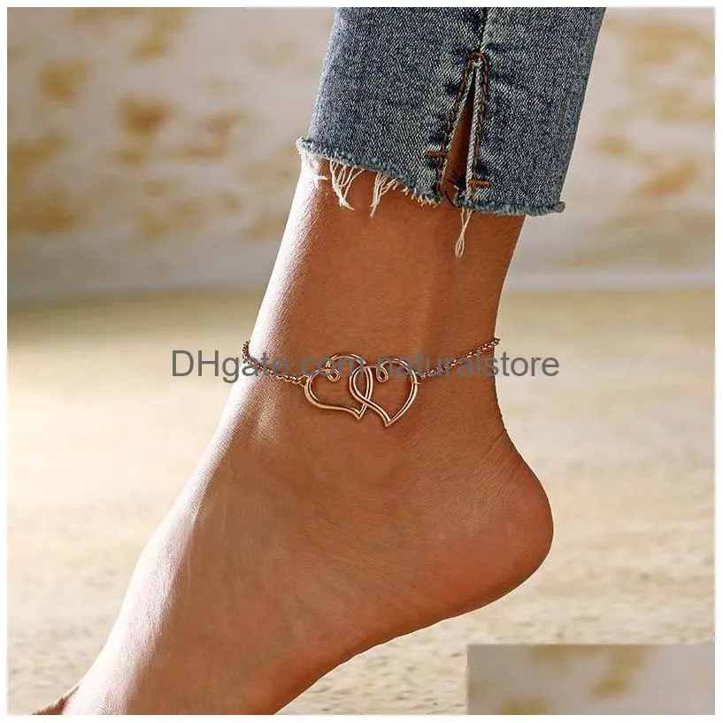 Gold Heart Anklet Adjustable Summer Beach Leg Bracelet Jewelry in Sier Color