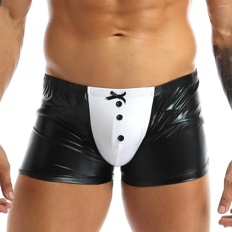 Mens Patent Leather Boxer Briefs With Bulge Pouch Buttons And Bowknot