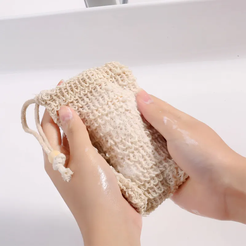 Bath and Shower Set: Natural Cotton Linen Soap Saver Sack, Exfoliating ...