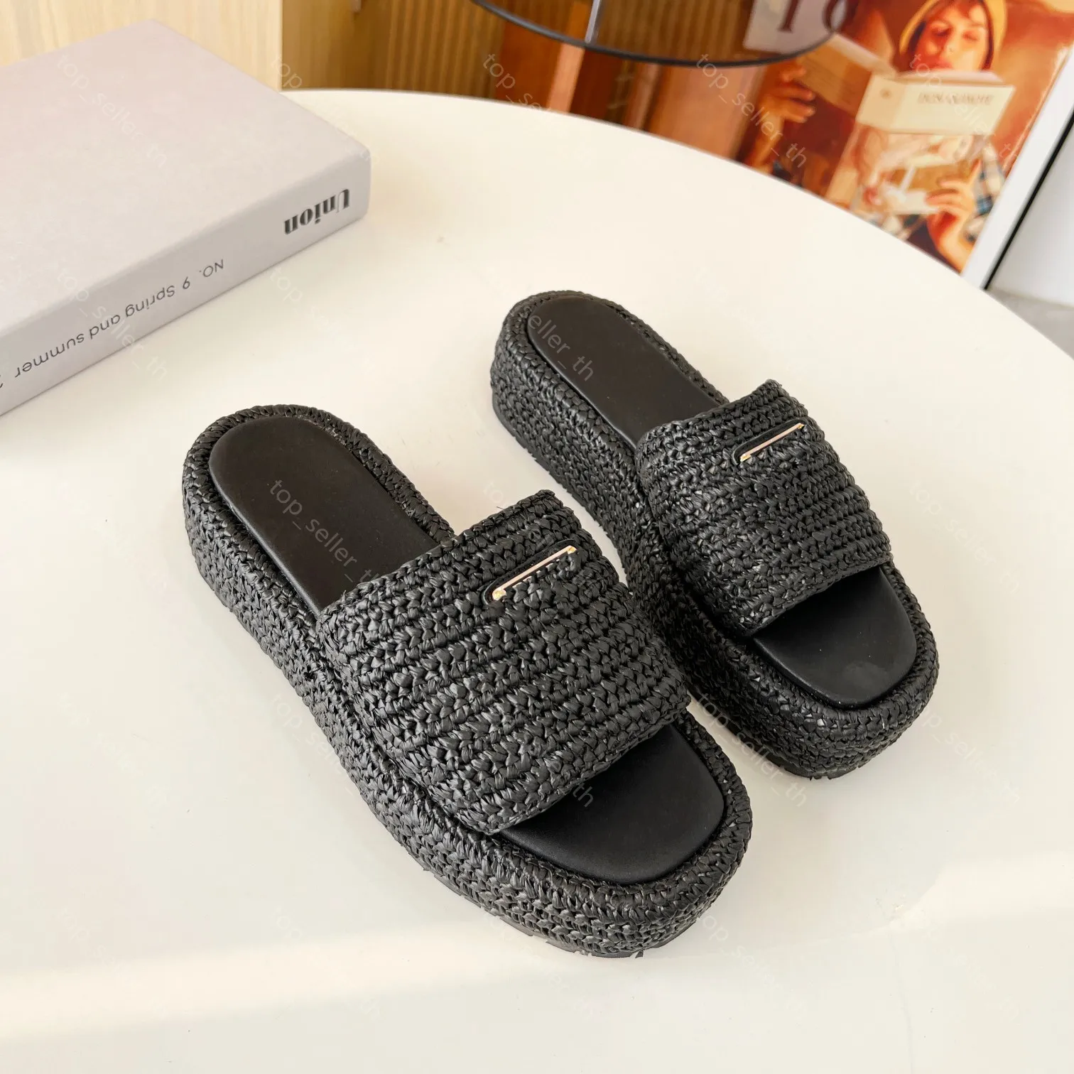 Womens Crochet Flatform Woven Sandals With Straw, Metal Triangle ...