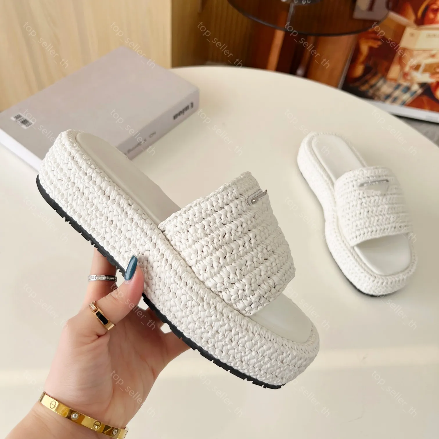 Womens Crochet Flatform Woven Sandals With Straw, Metal Triangle ...