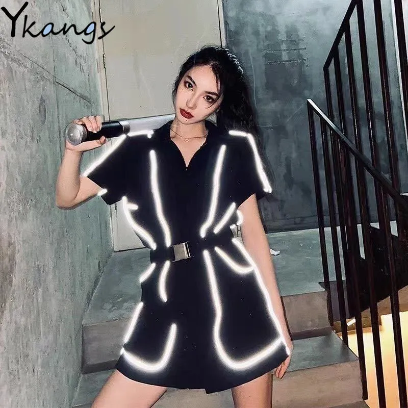 Women's Gothic Hip Hop Reflective Strip Middle Zipper Turtleneck ...
