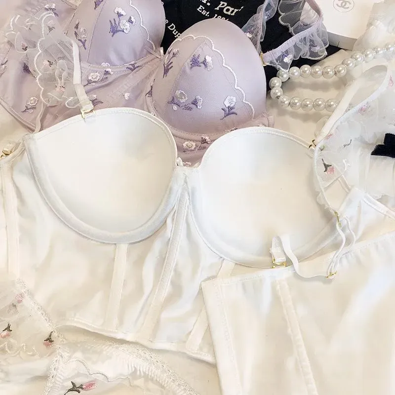 Embroidered Floral Lingerie Set: Cute Bralette & Panty Set - Lightly ...