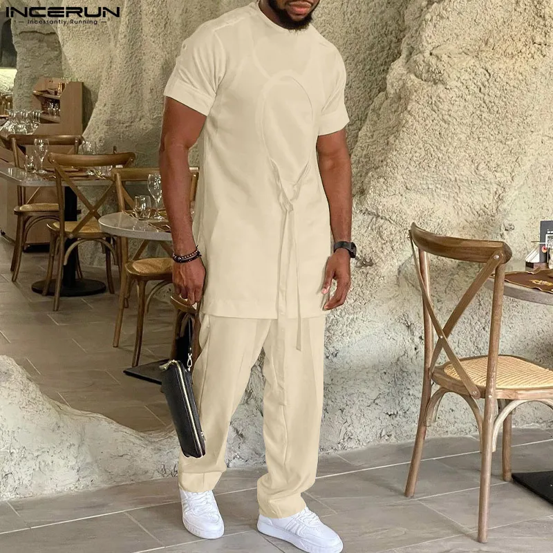 Men's Tracksuit Set Solid Color Long Sleeve Lace-Up T-Shirt and Pants ...
