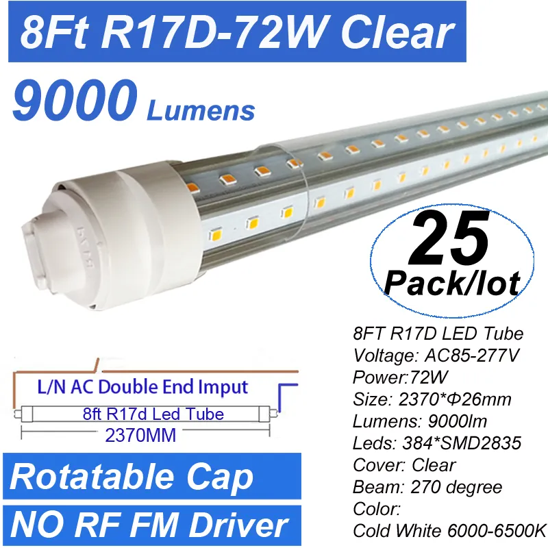 8FT T8 Led Tubes 4ft Light 72W Rotate V Shaped R17D/HO Bulb, 6500K Cold ...
