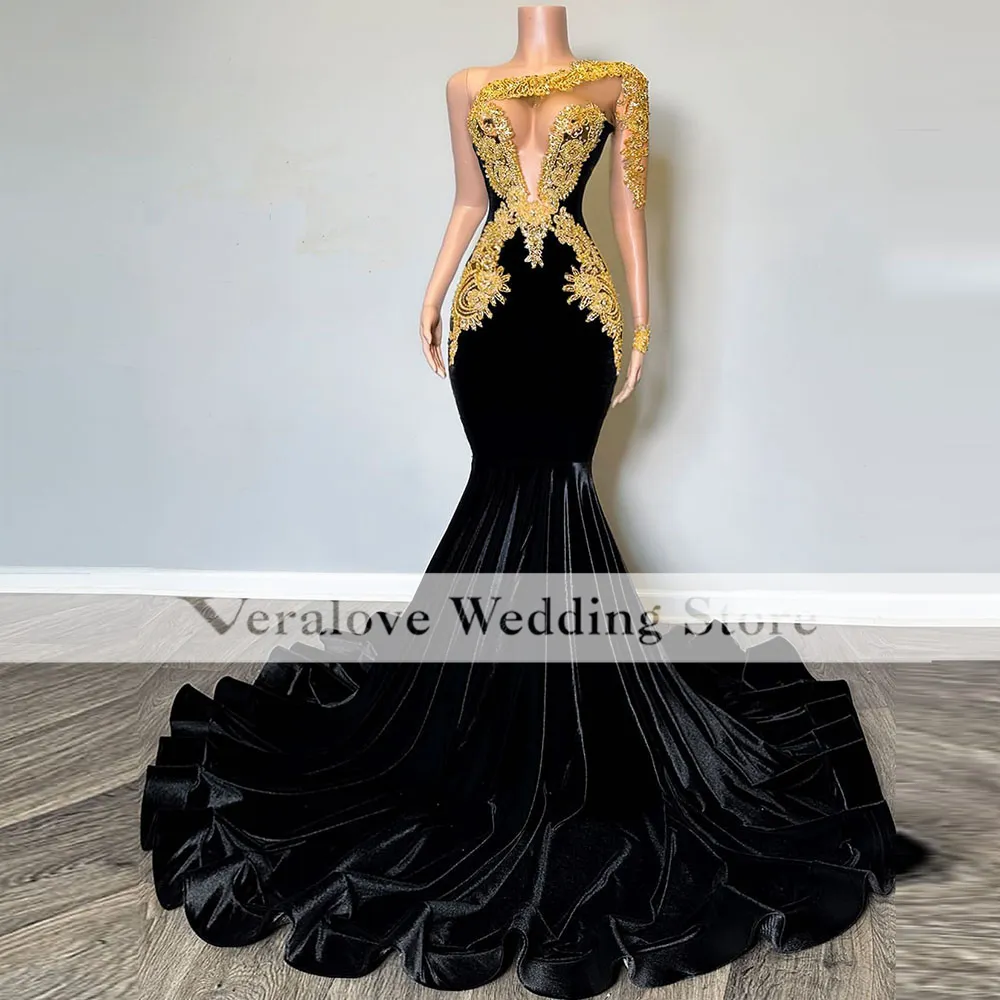 Elegant Black And Gold Prom Dresses: One Shoulder Mermaid Gown With Appliques Formal Evening ...