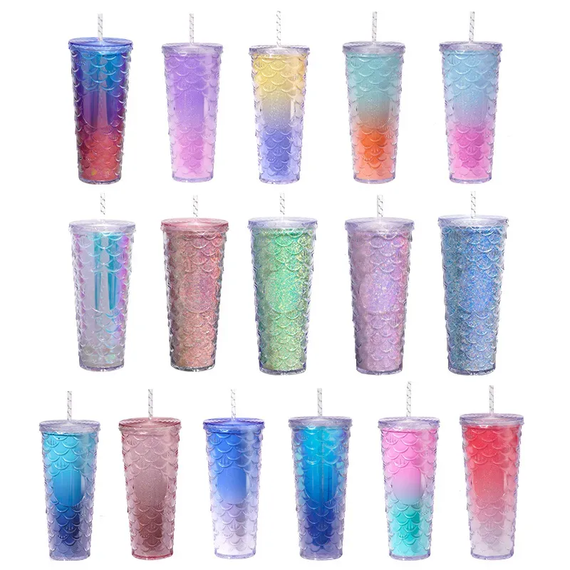 Plastic Cup With A Straw, Creative Fish Scale Design Large Capacity ...