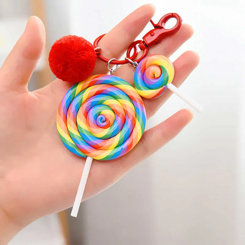 Key Rings New Cream Resin Soft Pottery Rainbow Lollipop Key Chain Hair ...