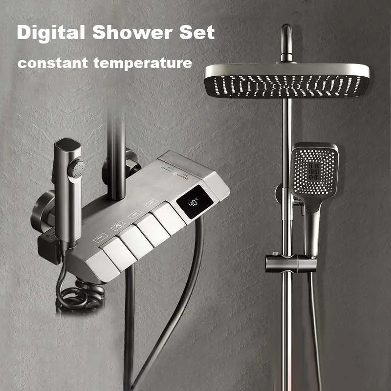 Bathroom Shower Head Set Grey & Black Digital Display Shower System With Hot Cold Waterfall Tap ...