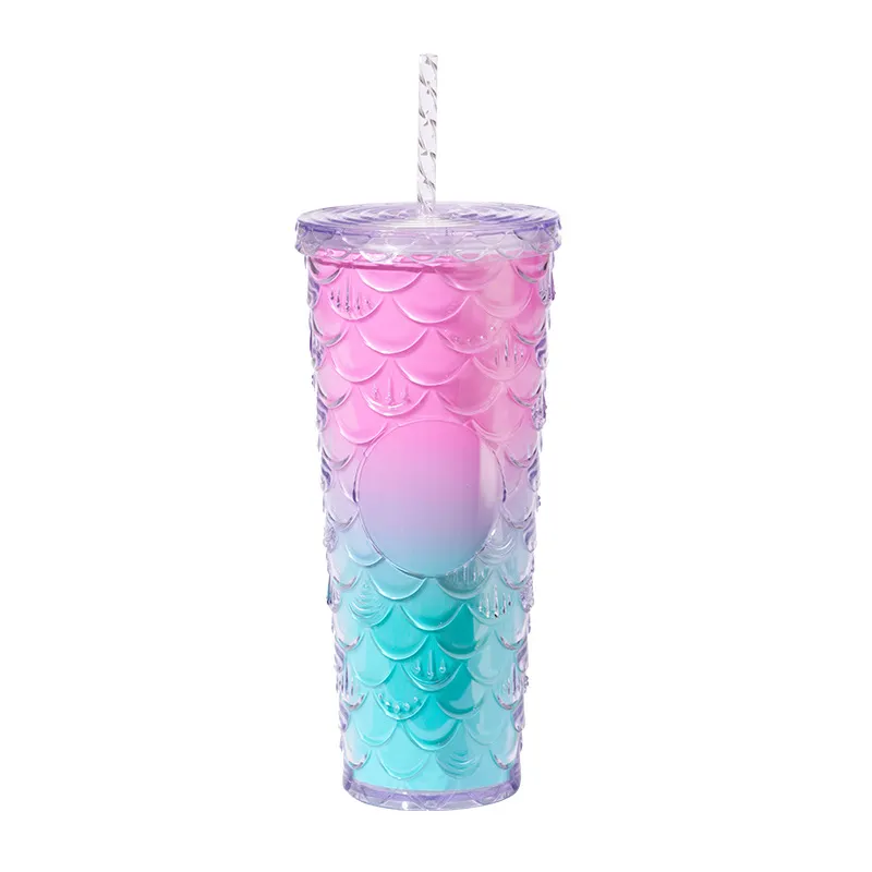 Plastic Cup With A Straw, Creative Fish Scale Design Large Capacity ...
