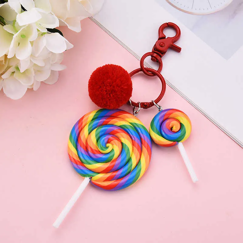 Key Rings New Cream Resin Soft Pottery Rainbow Lollipop Key Chain Hair ...