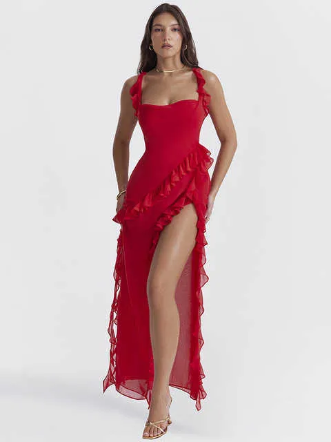 ruffle split maxi dress