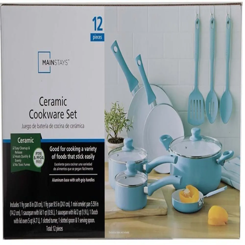12-Piece Ceramic Cookware Set - Nonstick Pots & Pans, Blue Linen Finish ...