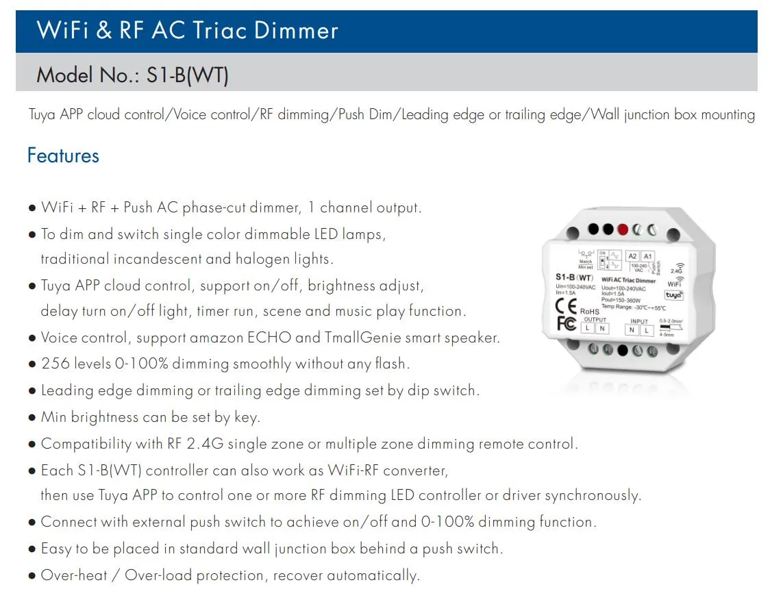 1CH*1.5A WiFi RF+Push AC Phase Cut Dimmer S1 BWT Triac Dimmer Tuya APP ...