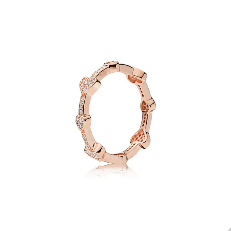 18K Rose Gold Full Crystal Diamond Heart Couples Ring Set For Pandora ...