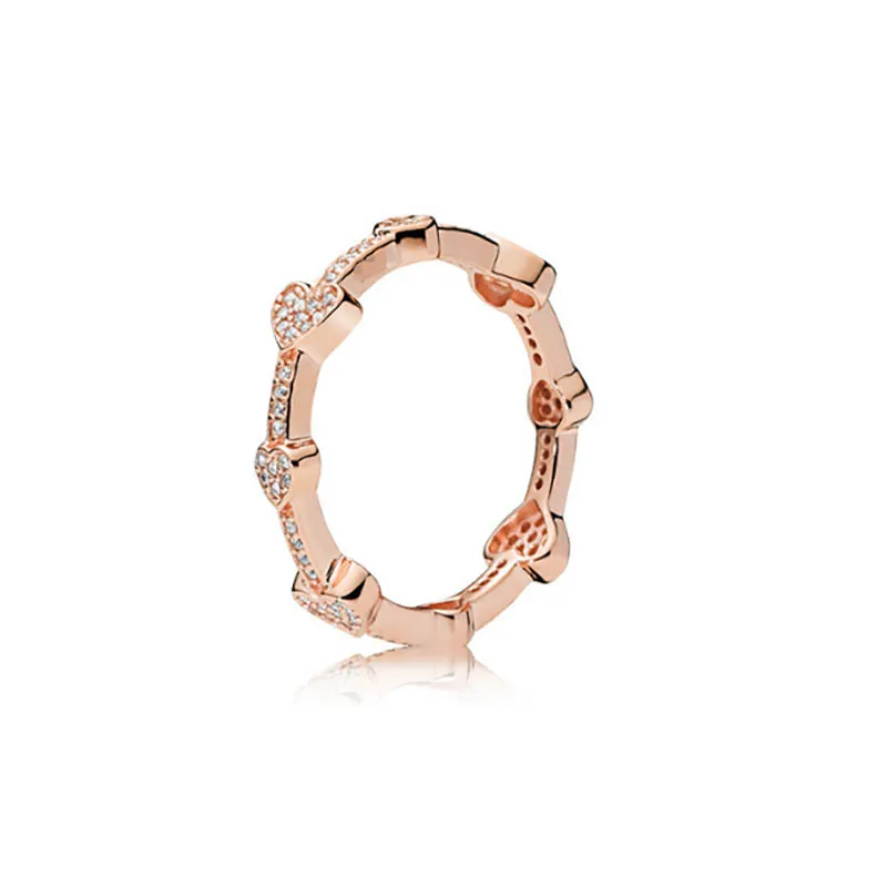 18K Rose Gold Full Crystal Diamond Heart Couples Ring Set For Pandora ...