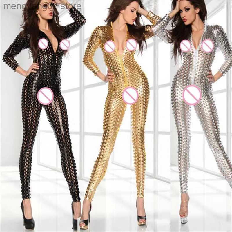 Sexy Faux Leather Latex Catsuit Set Back For Women Wetlook Pu Leotard