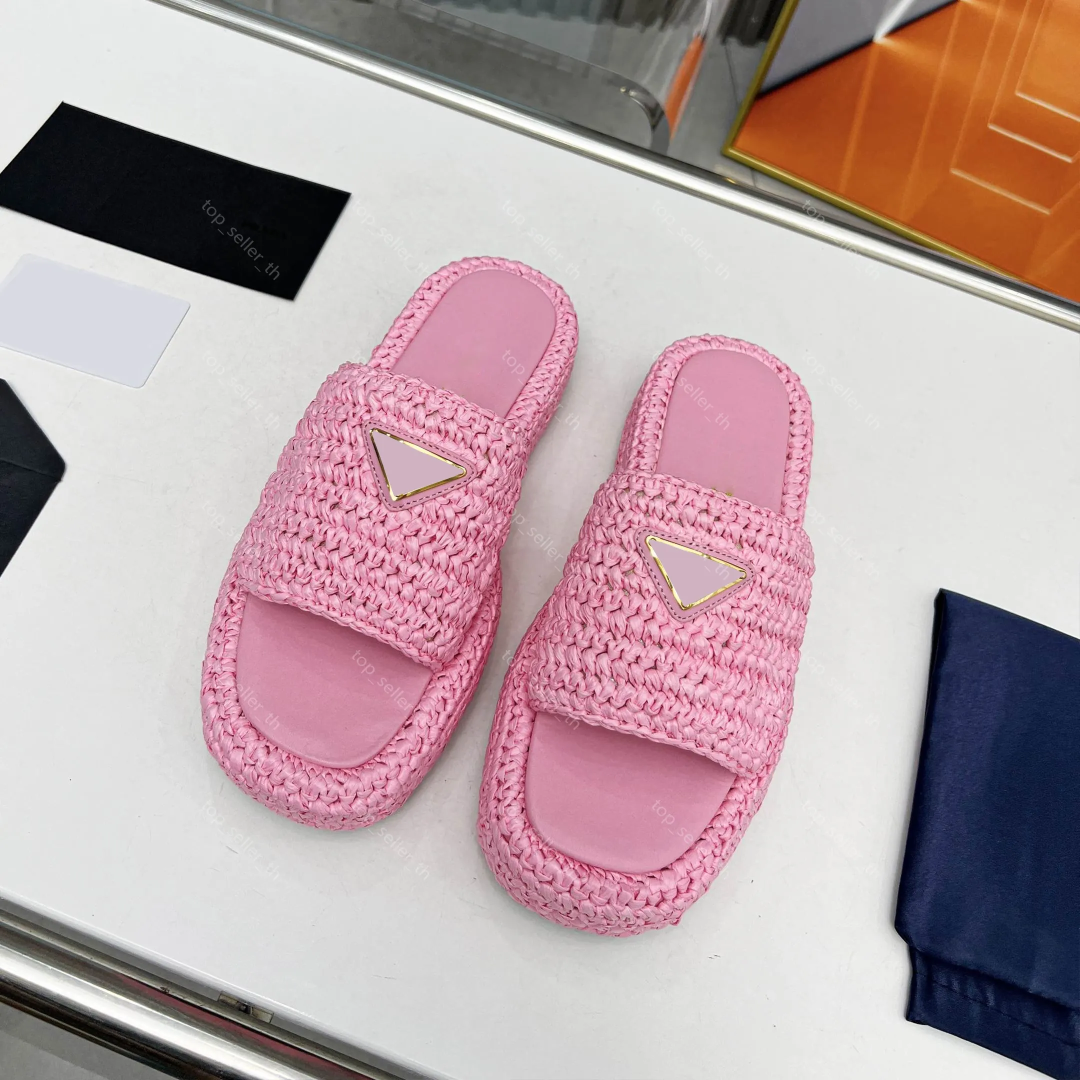 Womens Crochet Flatform Woven Sandals With Straw, Metal Triangle ...