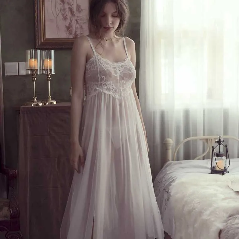 Elegant Lace Lingerie Nightgown Sexy See Through Night Dress V Neck