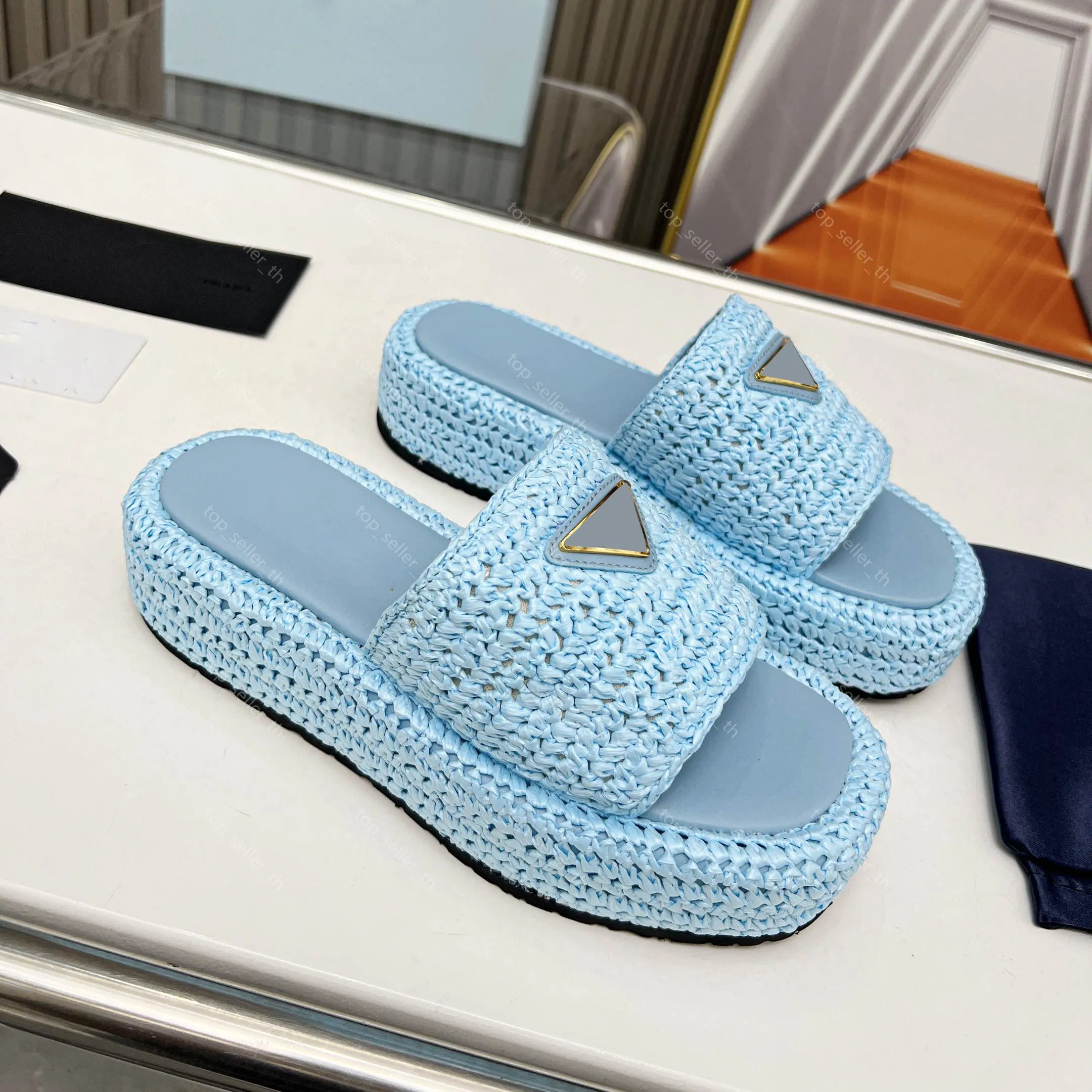 Womens Crochet Flatform Woven Sandals With Straw, Metal Triangle ...