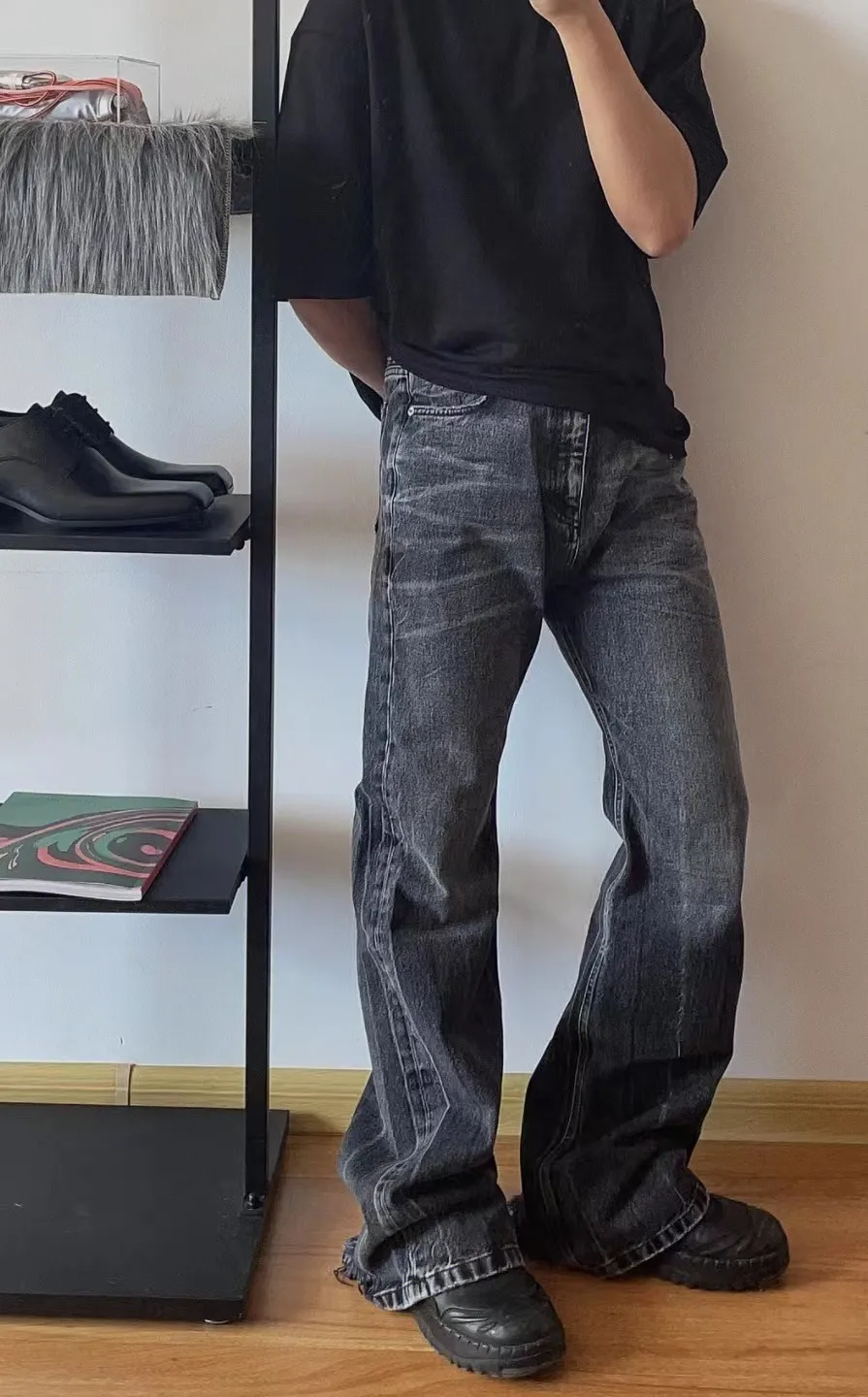 BLCG Men's Flare Denim Low Rise Pants Loose Flared Fashion Low Rise ...