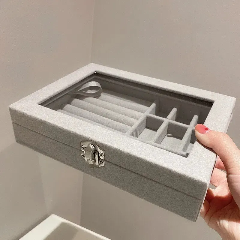 Jewelry Box Gray Velvet Glass Display Organizer Tray Holder Storage ...