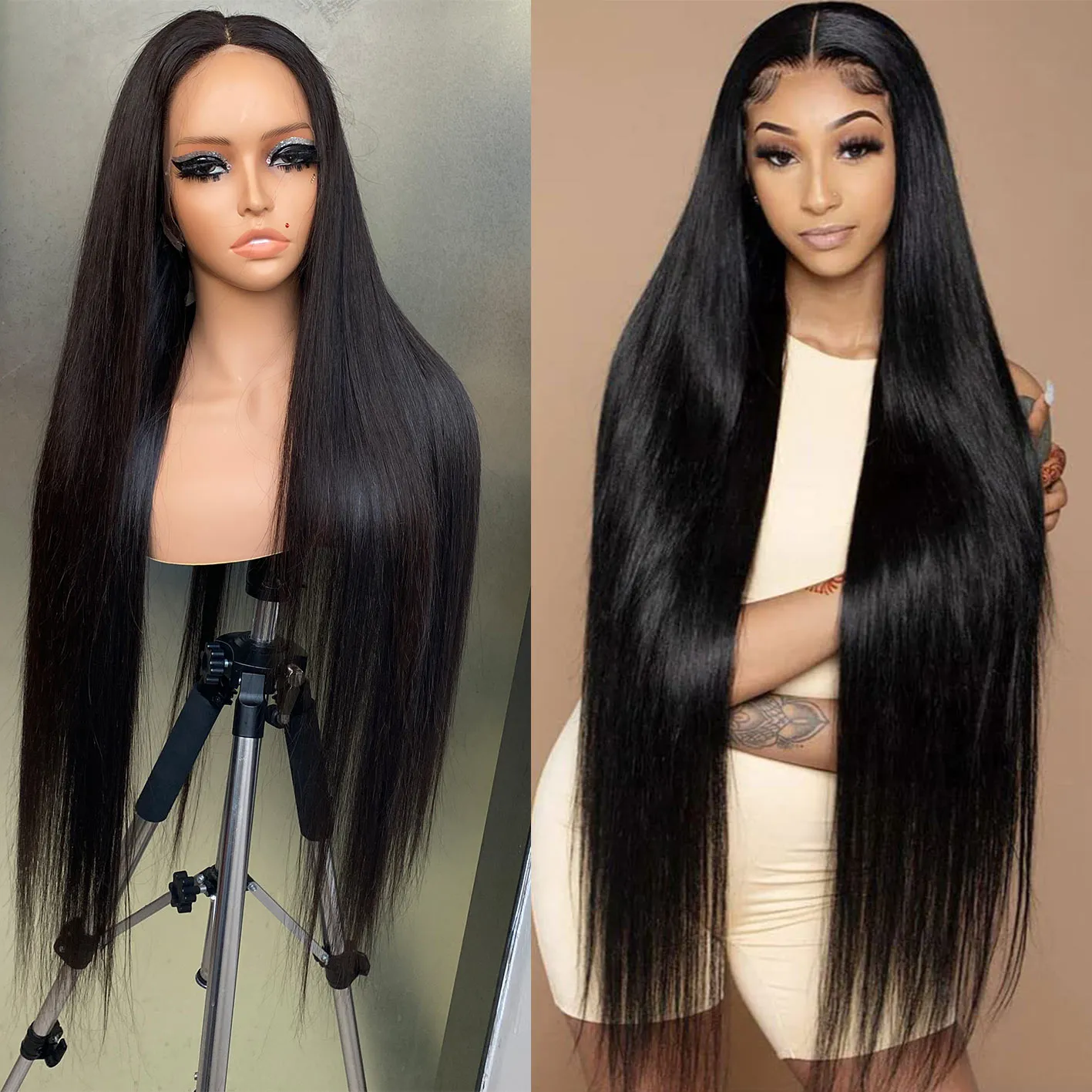 13x6 Lace Frontal Wig Human Hair, 28 Inch Silky Straight Natural Black ...